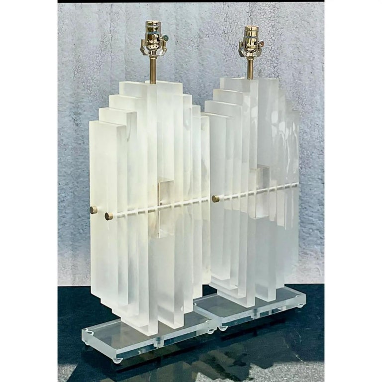 Vintage Contemporary Stacked Lucite Skyscraper Lamps After Karl ...