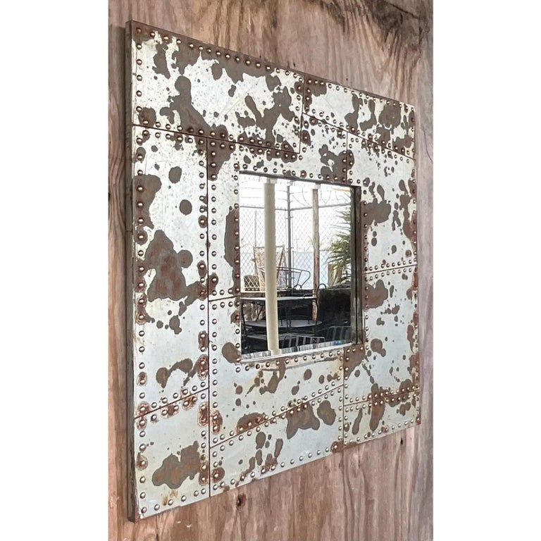 Vintage Contemporary Studded and Oxidized Steel Mirror For Sale at 1stDibs