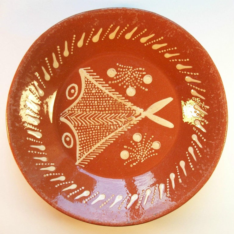 Vintage Continental Terracotta Slipware Decorated Dish, Signed, 20th ...