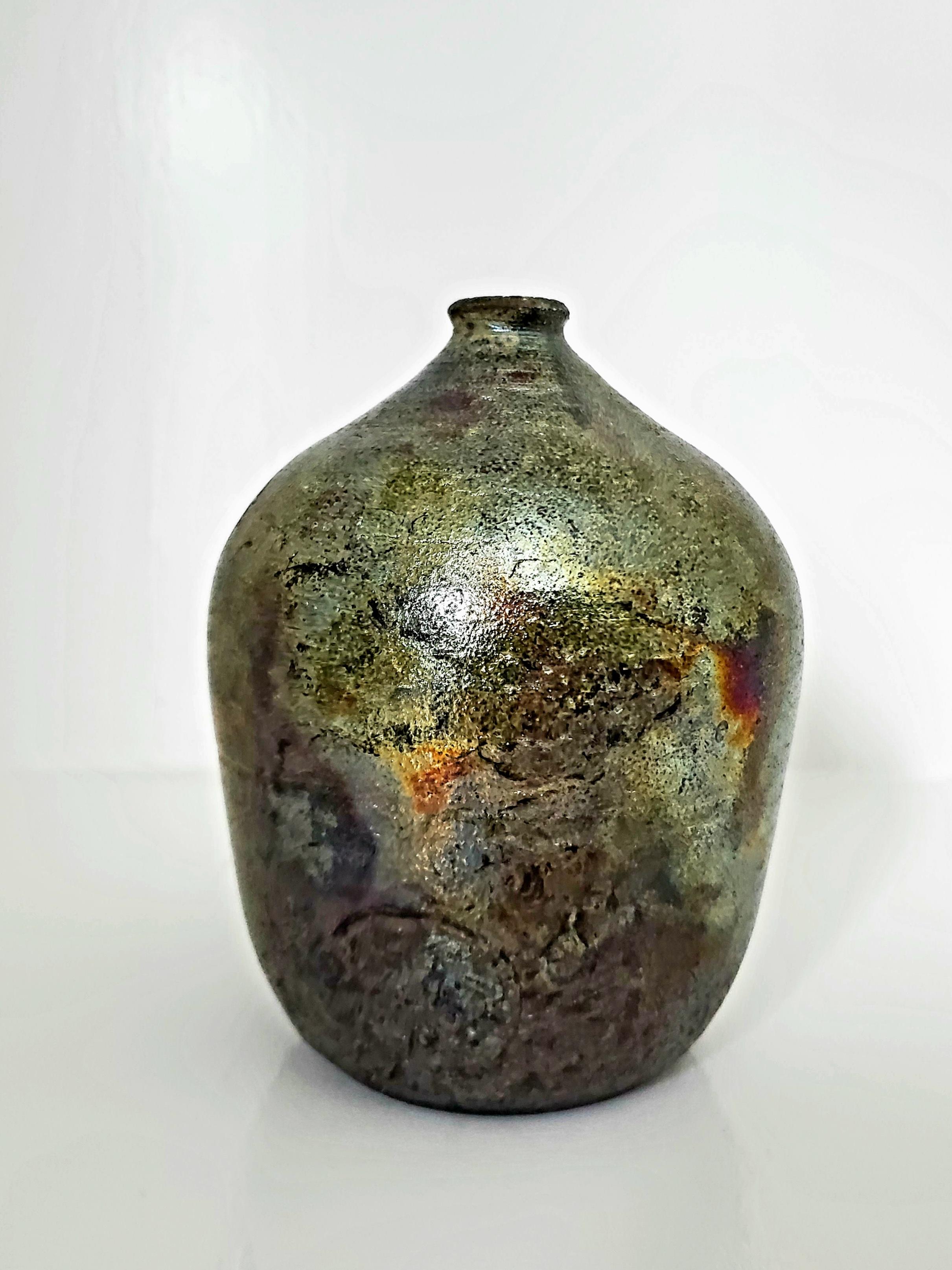 Vintage Copper Glazed Raku Pottery Vase Signed Swan For Sale at 1stDibs