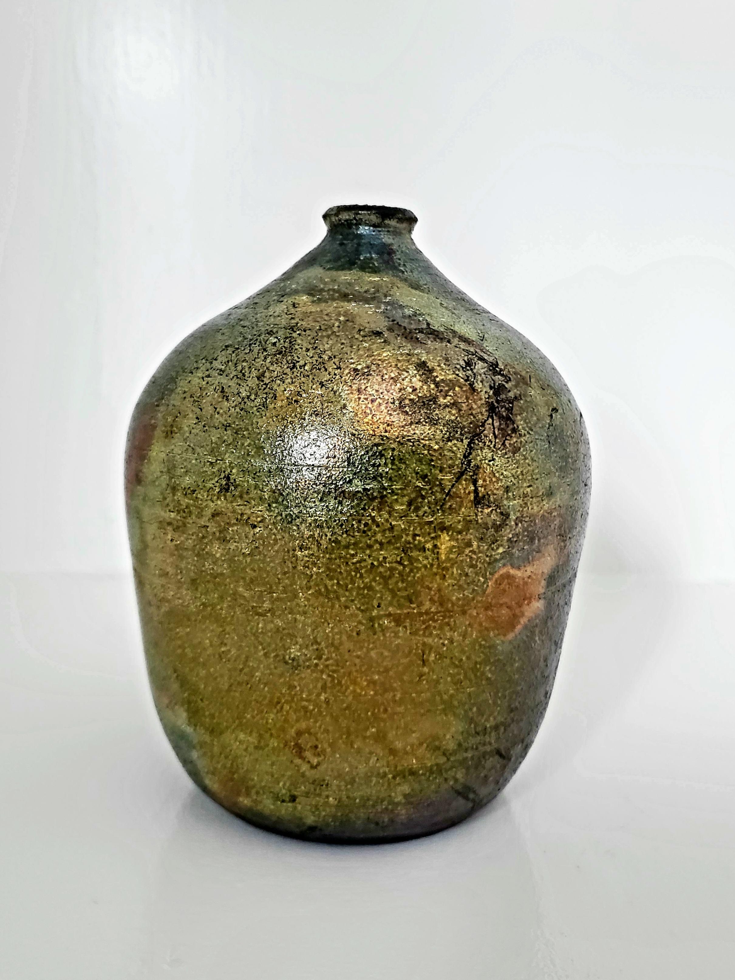 Vintage Copper Glazed Raku Pottery Vase Signed Swan For Sale at 1stDibs