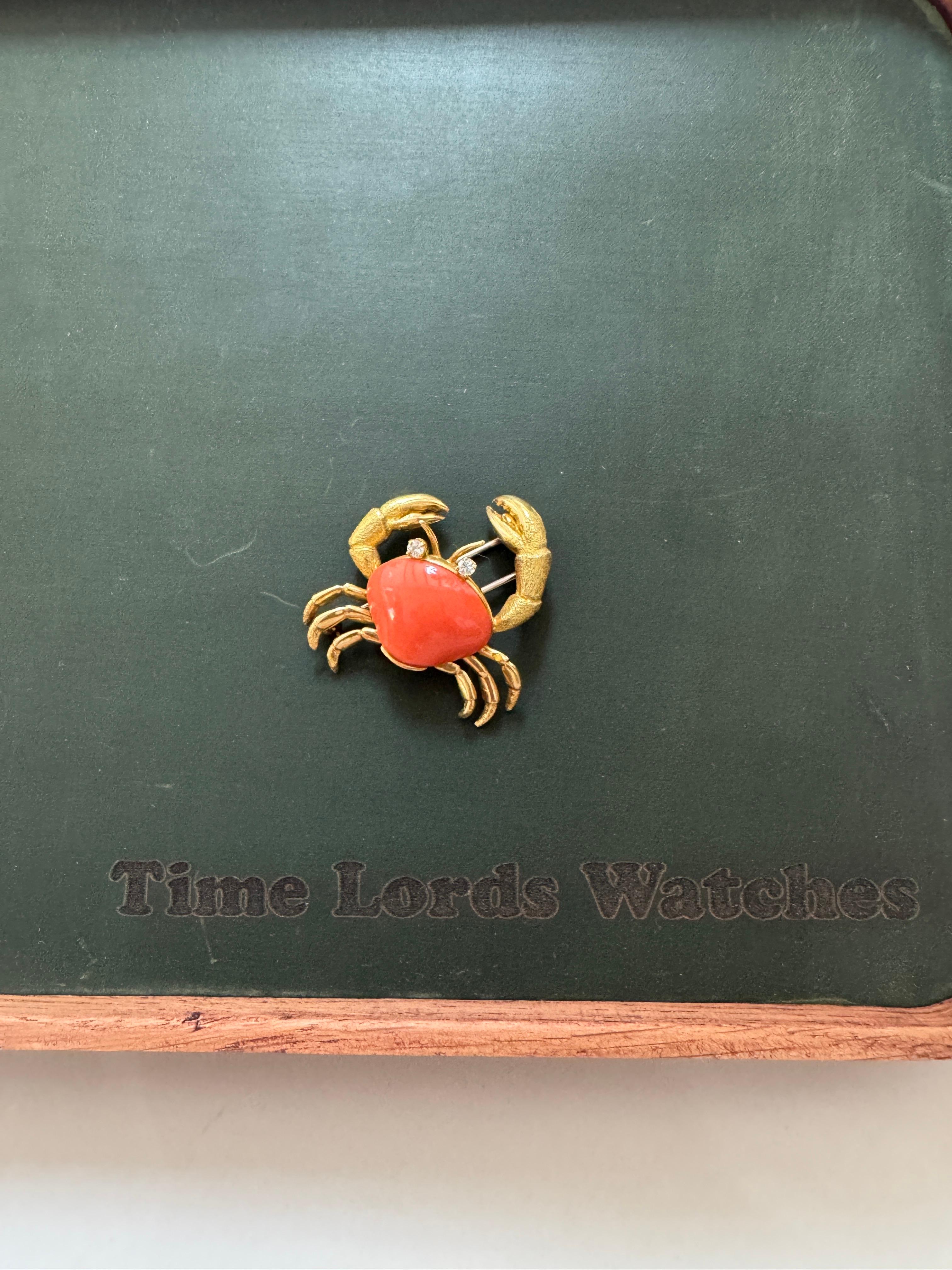 Vintage Coral and Diamond Crab Brooch – 18K Yellow Gold – Exquisite ...