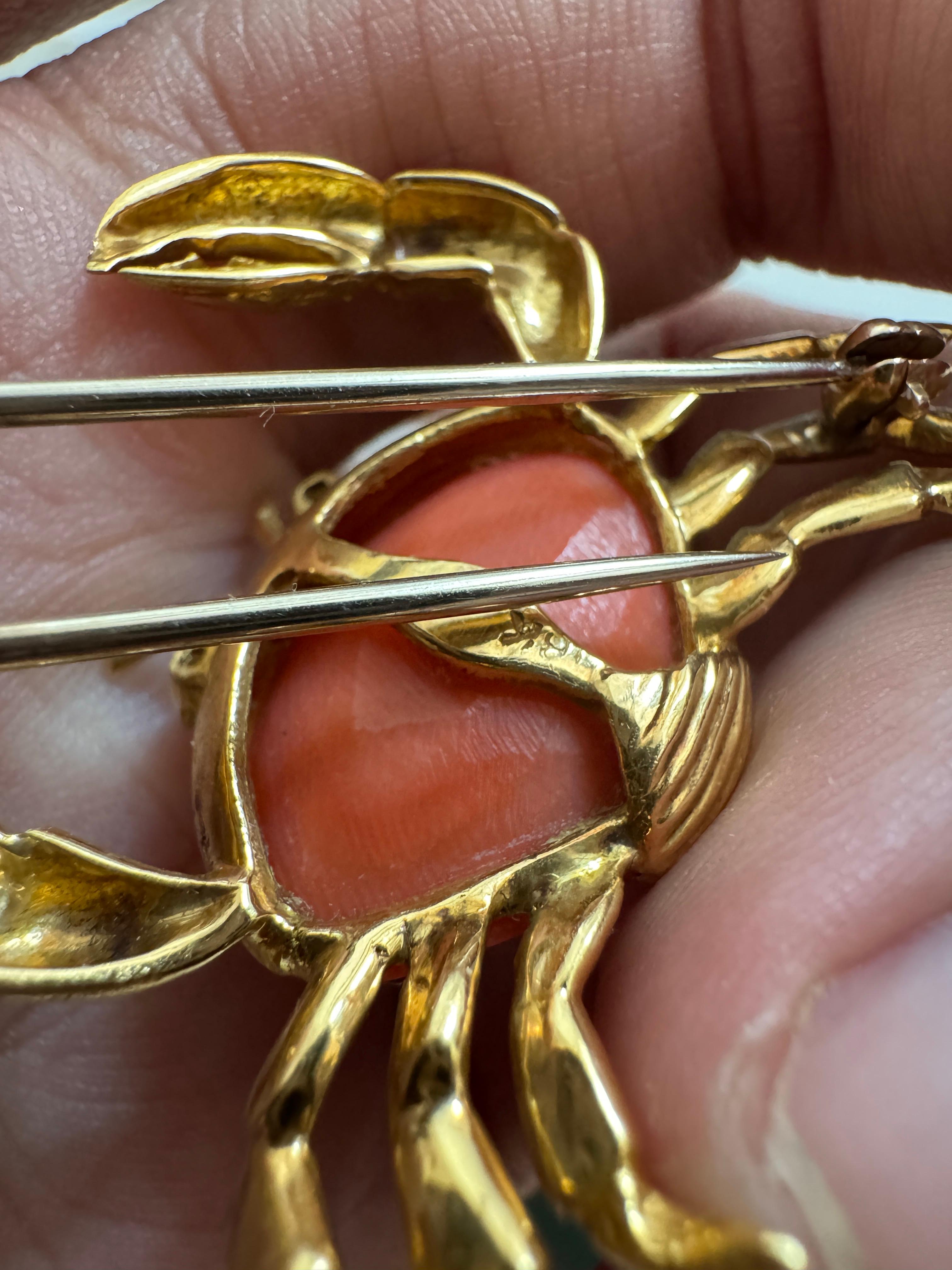Vintage Coral and Diamond Crab Brooch – 18K Yellow Gold – Exquisite ...