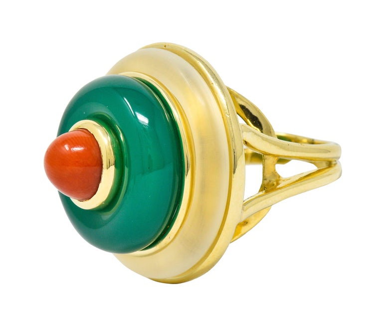 Vintage Coral Chrysoprase Rock Crystal 18 Karat Gold Circle Ring For ...