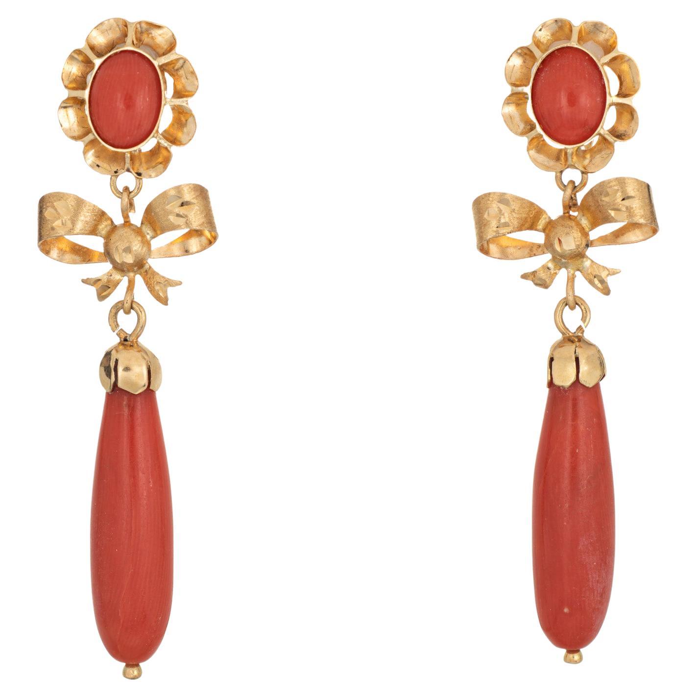 Vintage Coral Earrings 18k Yellow Gold Salmon Bow Long 2" Drops Fine Jewelry For Sale at 1stDibs