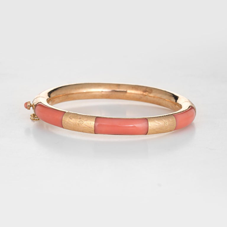 Vintage Coral Inlay Bangle Bracelet 14 Karat Yellow Gold Estate Jewelry ...