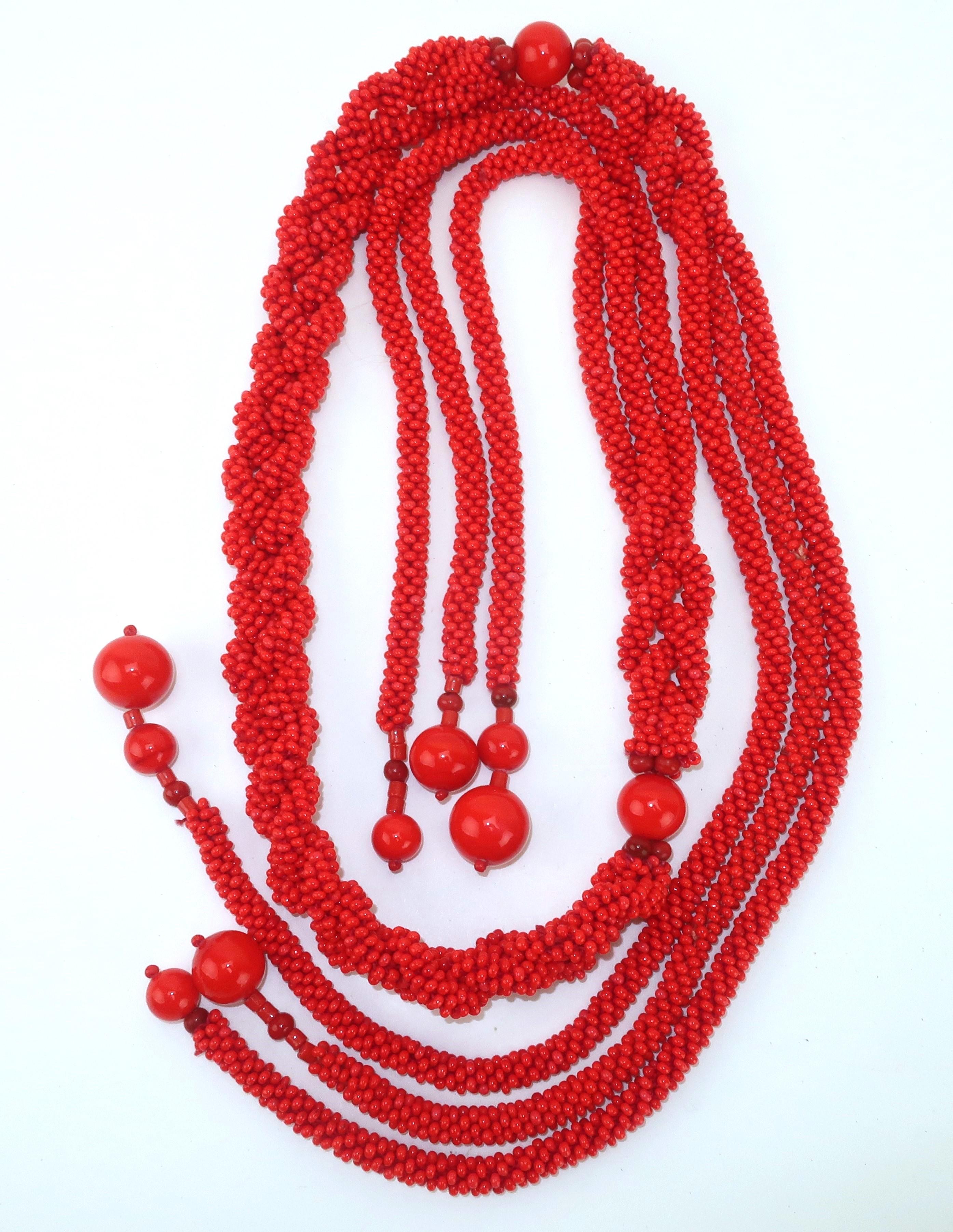 Vintage Coral Red Glass Bead Belt or Necklace For Sale at 1stDibs