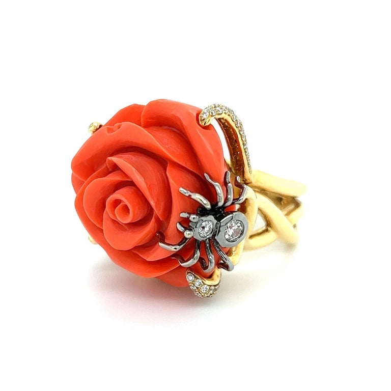 Vintage Coral Resin Flower and Diamond Spider Gold Cocktail Ring For ...