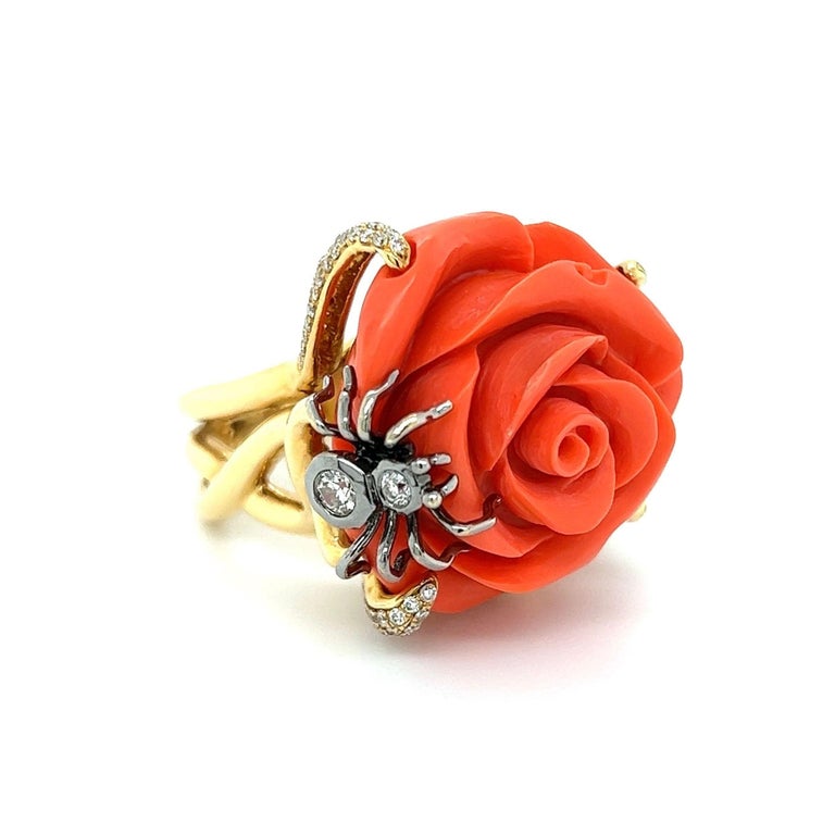 Vintage Coral Resin Flower and Diamond Spider Gold Cocktail Ring For ...