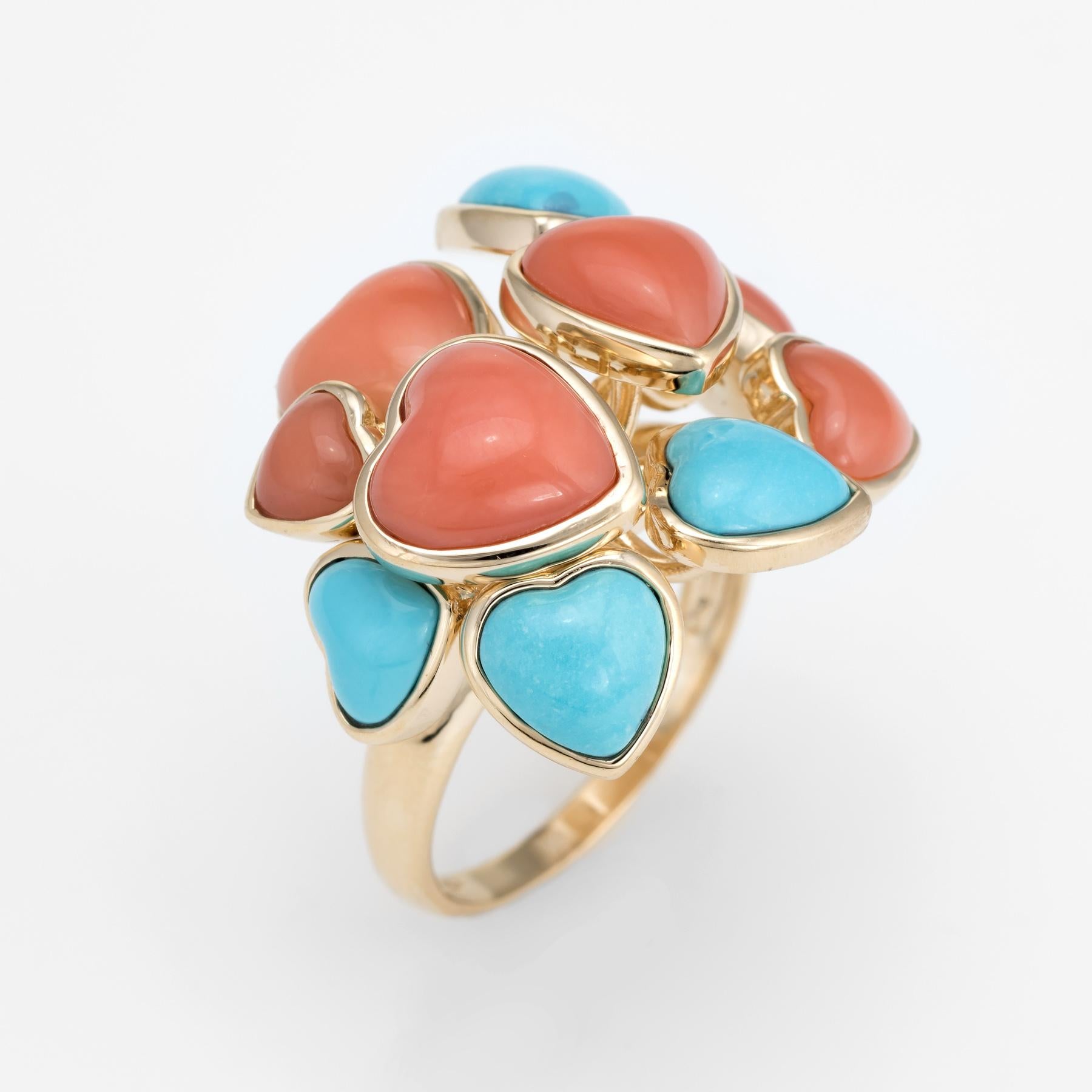 Vintage Coral Turquoise Ring 14 Karat Yellow Gold Cocktail Multi Hearts ...