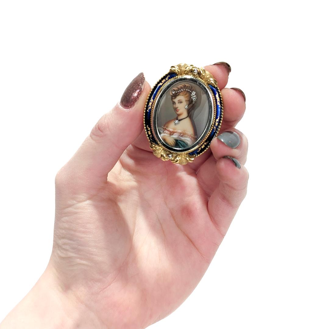 Vintage Corletto 18K Gold and Blue Enamel Portrait Miniature Brooch or ...