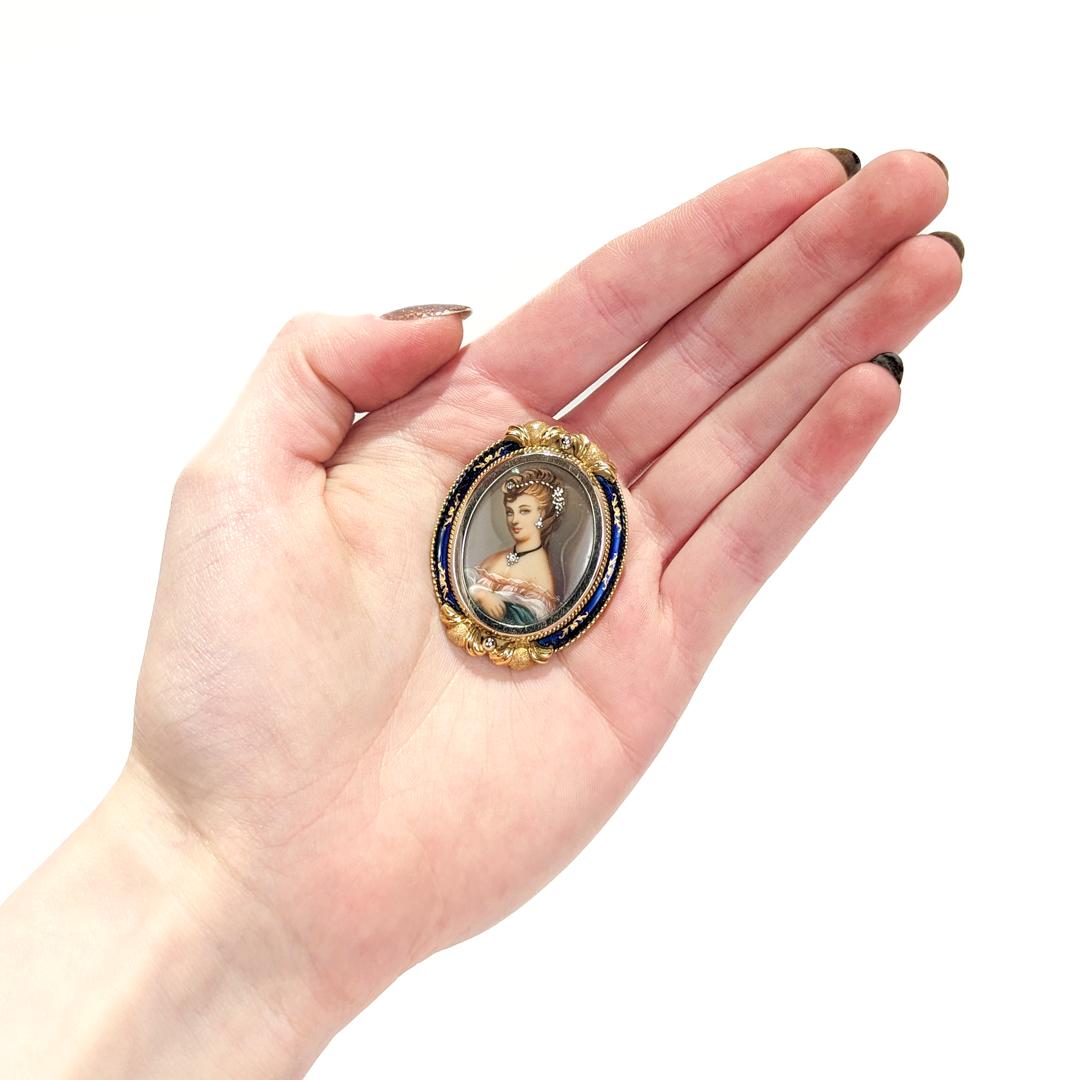 Vintage Corletto 18K Gold and Blue Enamel Portrait Miniature Brooch or ...
