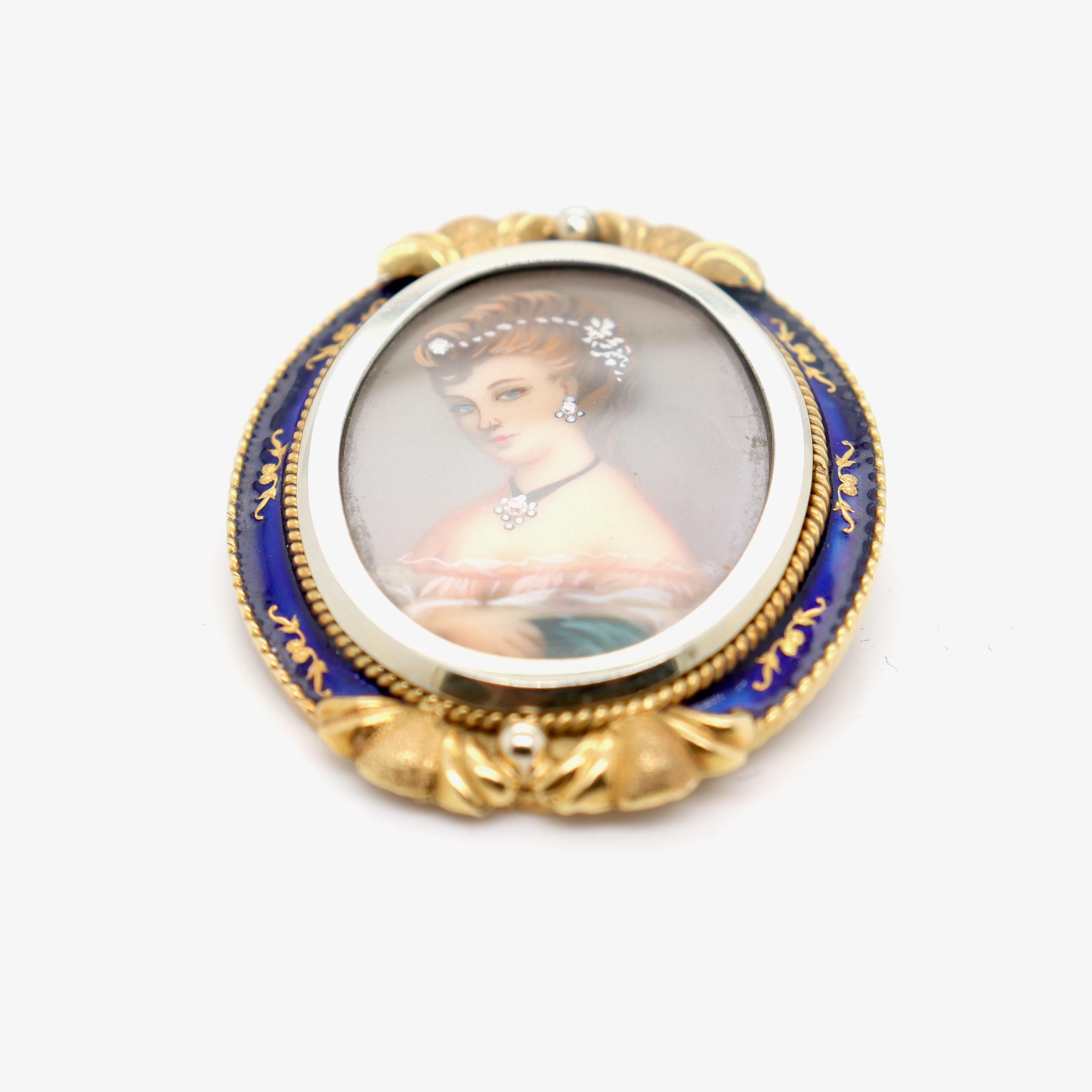 Vintage Corletto 18K Gold and Blue Enamel Portrait Miniature Brooch or ...