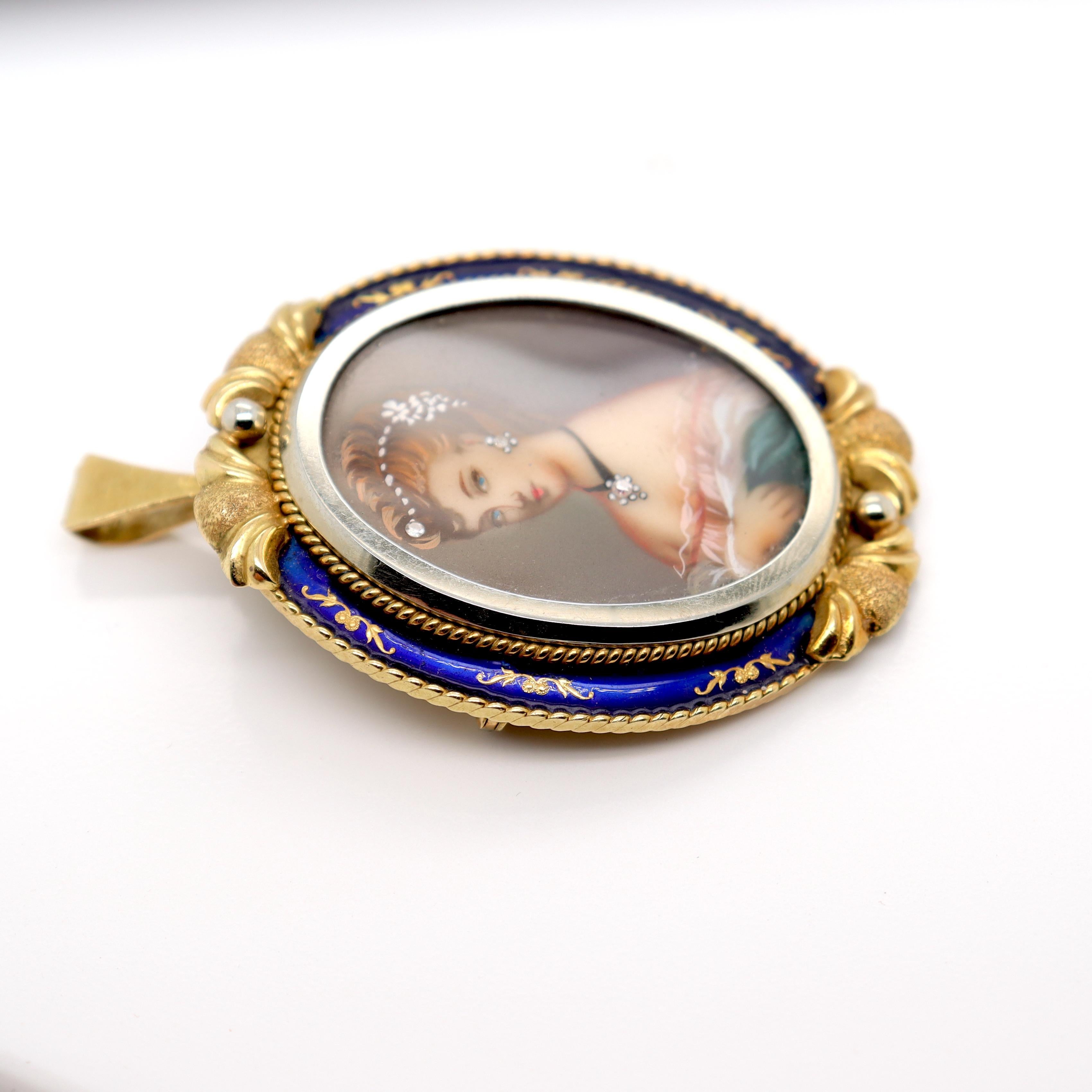 Vintage Corletto 18K Gold and Blue Enamel Portrait Miniature Brooch or ...