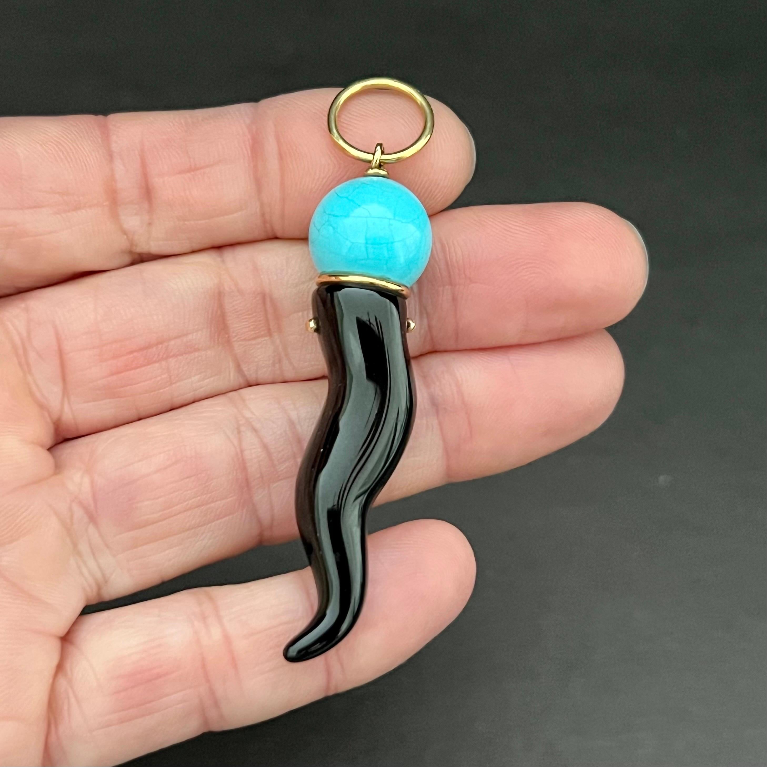 Vintage Cornicello Onyx and Turquoise 18K Gold Large Lucky Horn Pendant ...