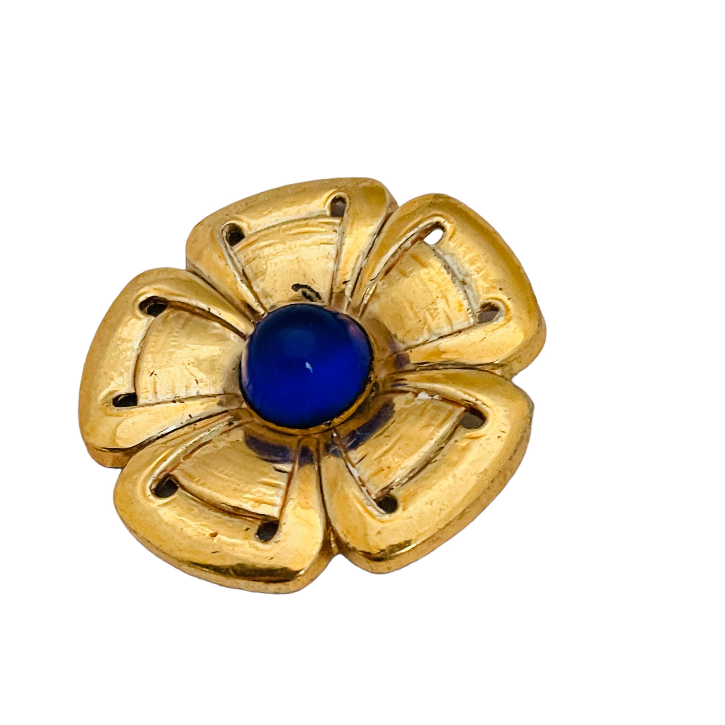 Vintage CORO sterling silver gilded sapphire glass flower brooch at 1stDibs