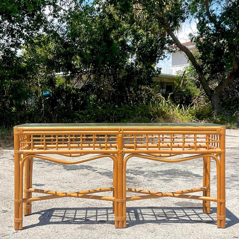 Vintage Costal Grid Rattan Console Table For Sale at 1stDibs