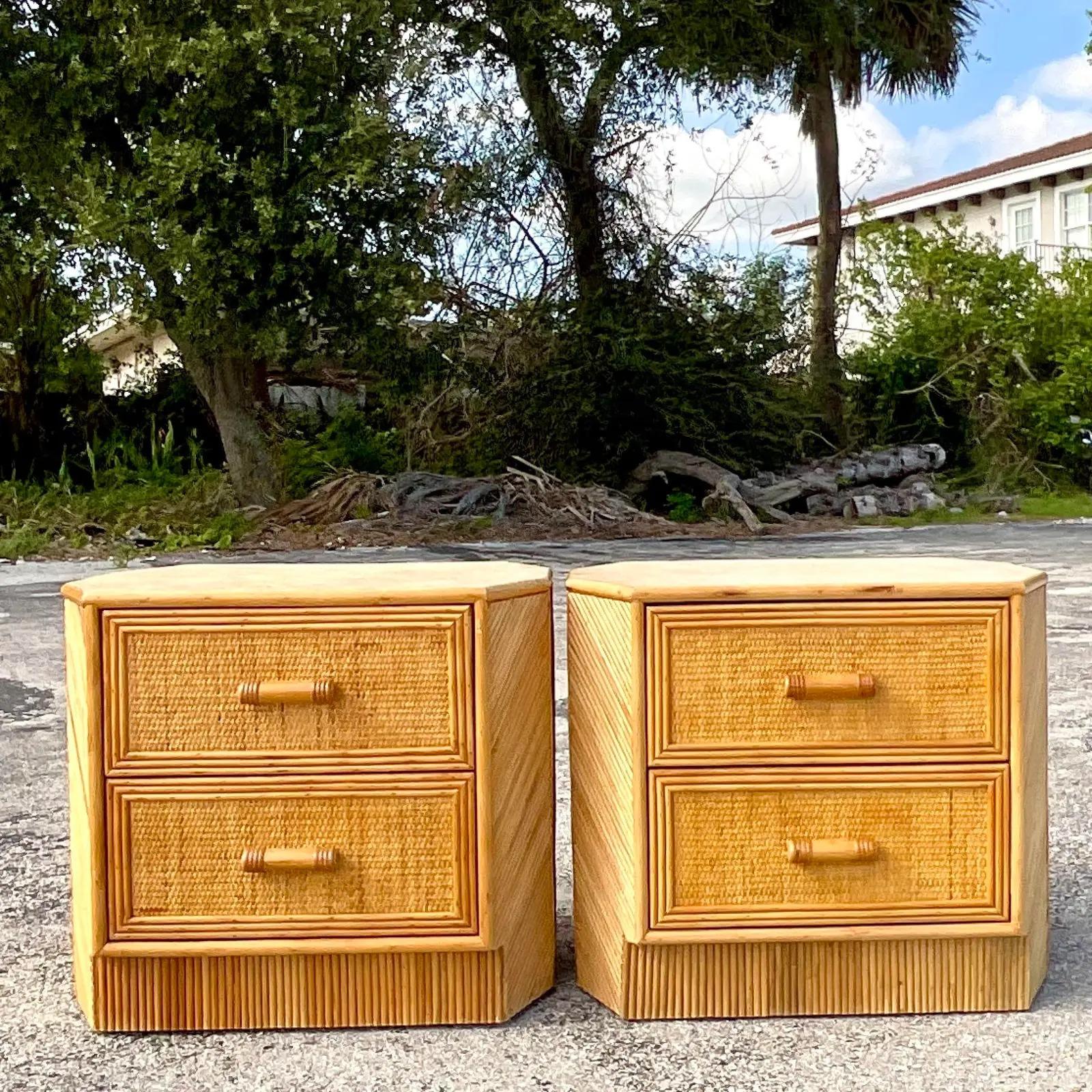 Vintage Costal Pencil Reed and Grasscloth Nightstands, a Pair at 1stDibs