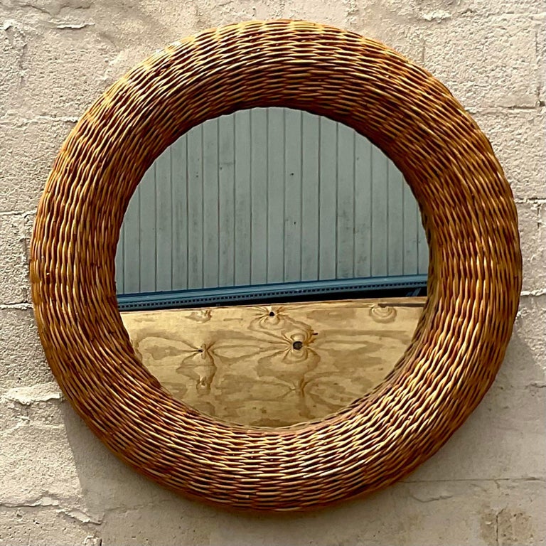 Vintage Costal Woven Rattan Mirror For Sale at 1stDibs