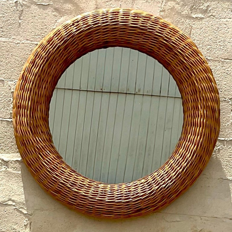 Vintage Costal Woven Rattan Mirror For Sale at 1stDibs