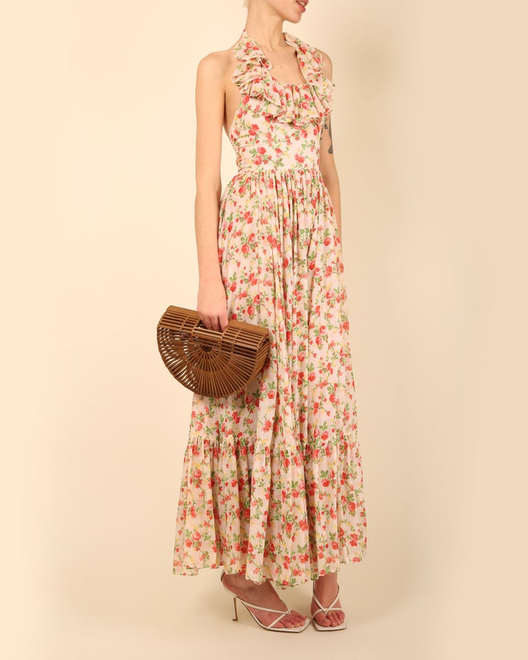 Vintage cottagecore prairie cotton white red floral print halter ...