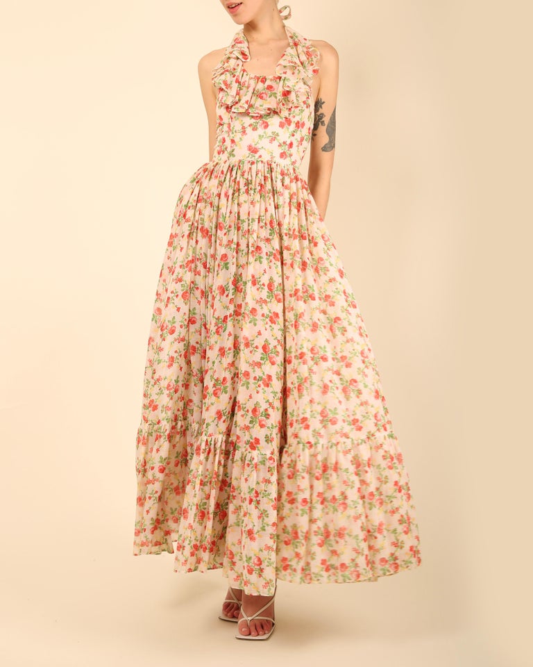 Vintage cottagecore prairie cotton white red floral print halter ...