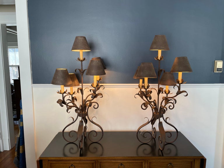 Vintage Country French Tole Candelabra Buffet Lamps For Sale at 1stDibs