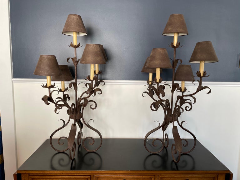 Vintage Country French Tole Candelabra Buffet Lamps For Sale at 1stDibs
