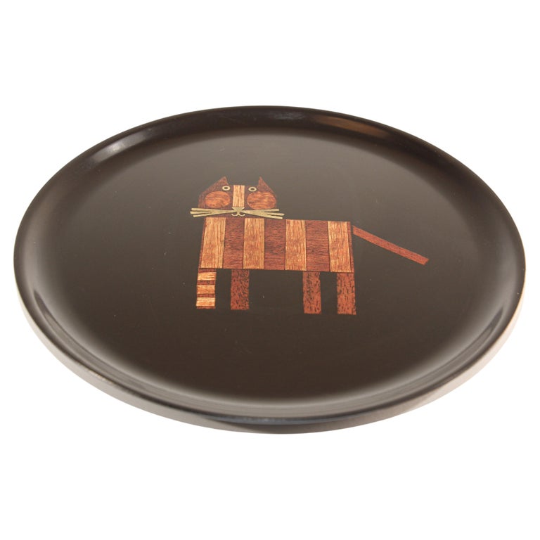 Vintage Couroc Cat Design Barware Serving Tray For Sale at 1stDibs