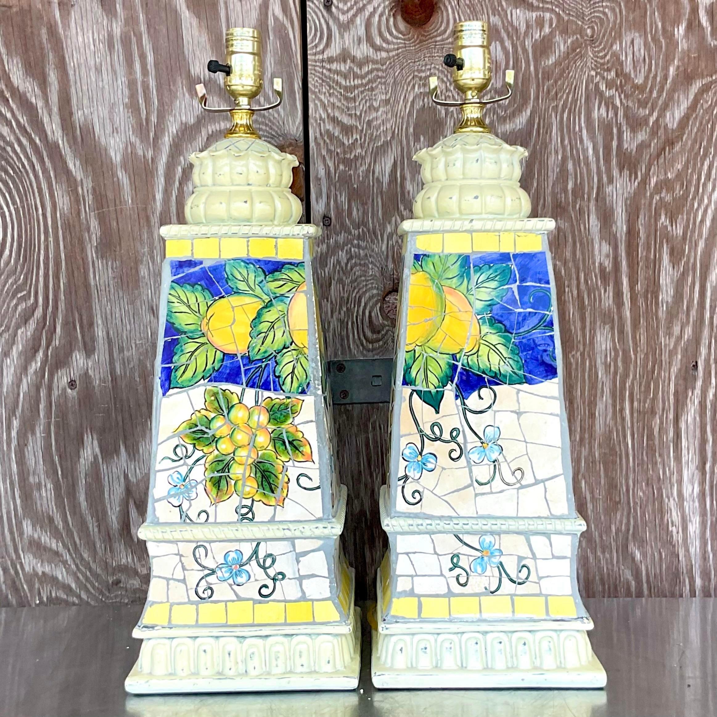 Vintage Cracked Tile Lemon Lamps- a Pair For Sale at 1stDibs