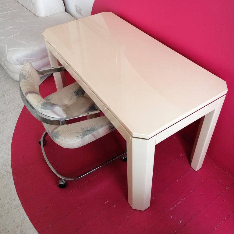 Vintage Cream Lacquered Wood Desk with Inset Brass Trim, by Bridgeford ...