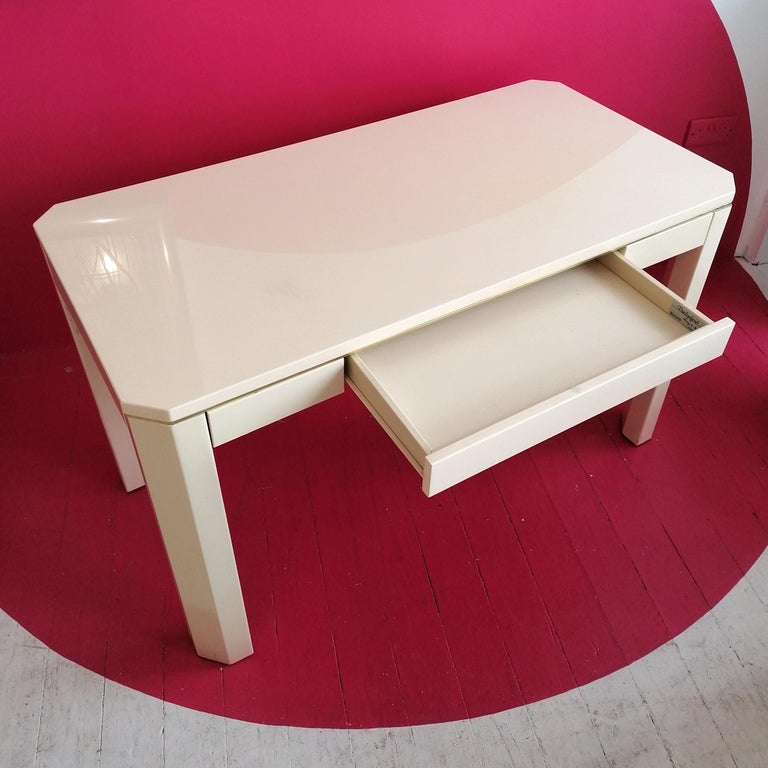 Vintage Cream Lacquered Wood Desk with Inset Brass Trim, by Bridgeford ...
