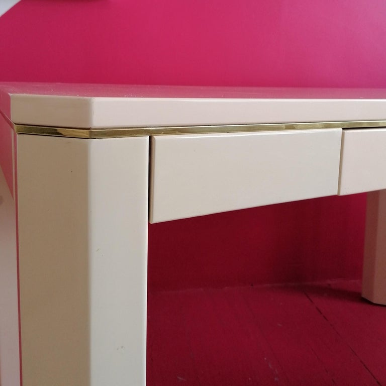 Vintage Cream Lacquered Wood Desk with Inset Brass Trim, by Bridgeford ...