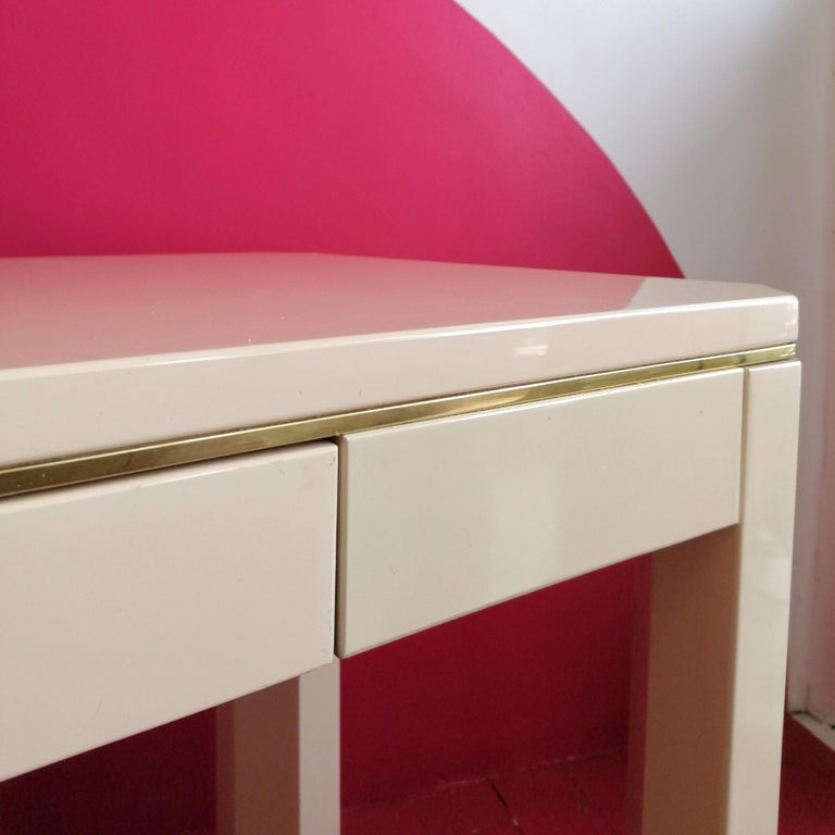 Vintage Cream Lacquered Wood Desk with Inset Brass Trim, by Bridgeford ...
