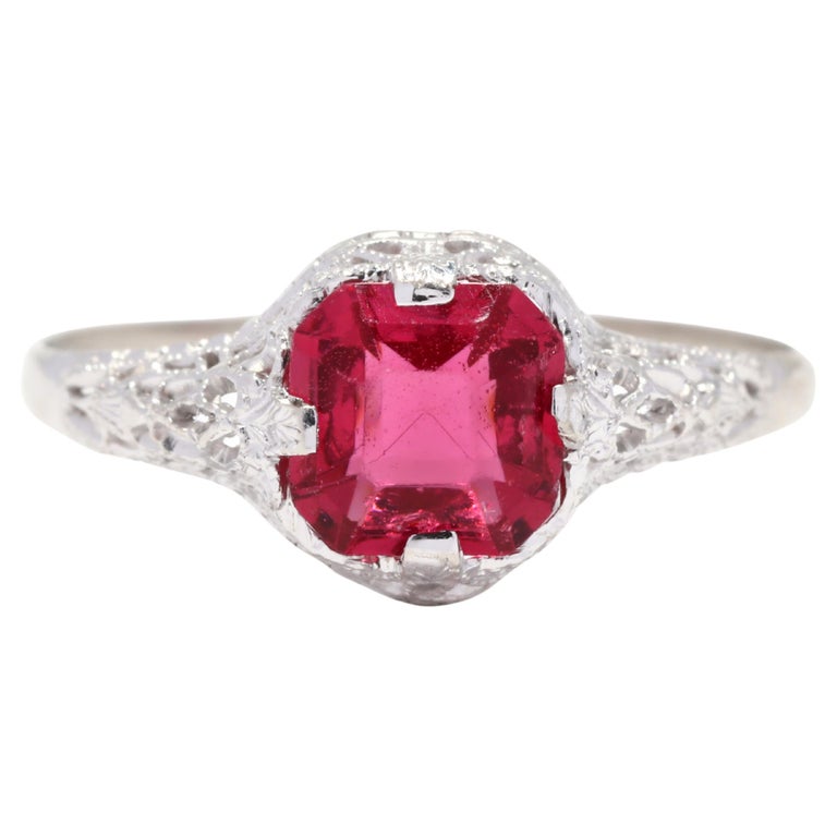 Vintage Created Ruby Filigree Ring, 10K White Gold, Red Ruby Ring ...