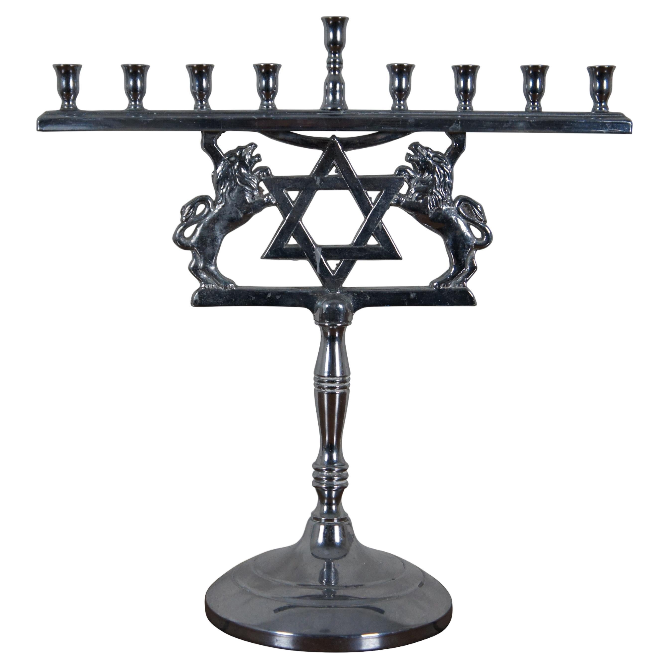 Vintage Cromwell Silver Chromium Lion Jewish Star Hanukkah Menorah ...