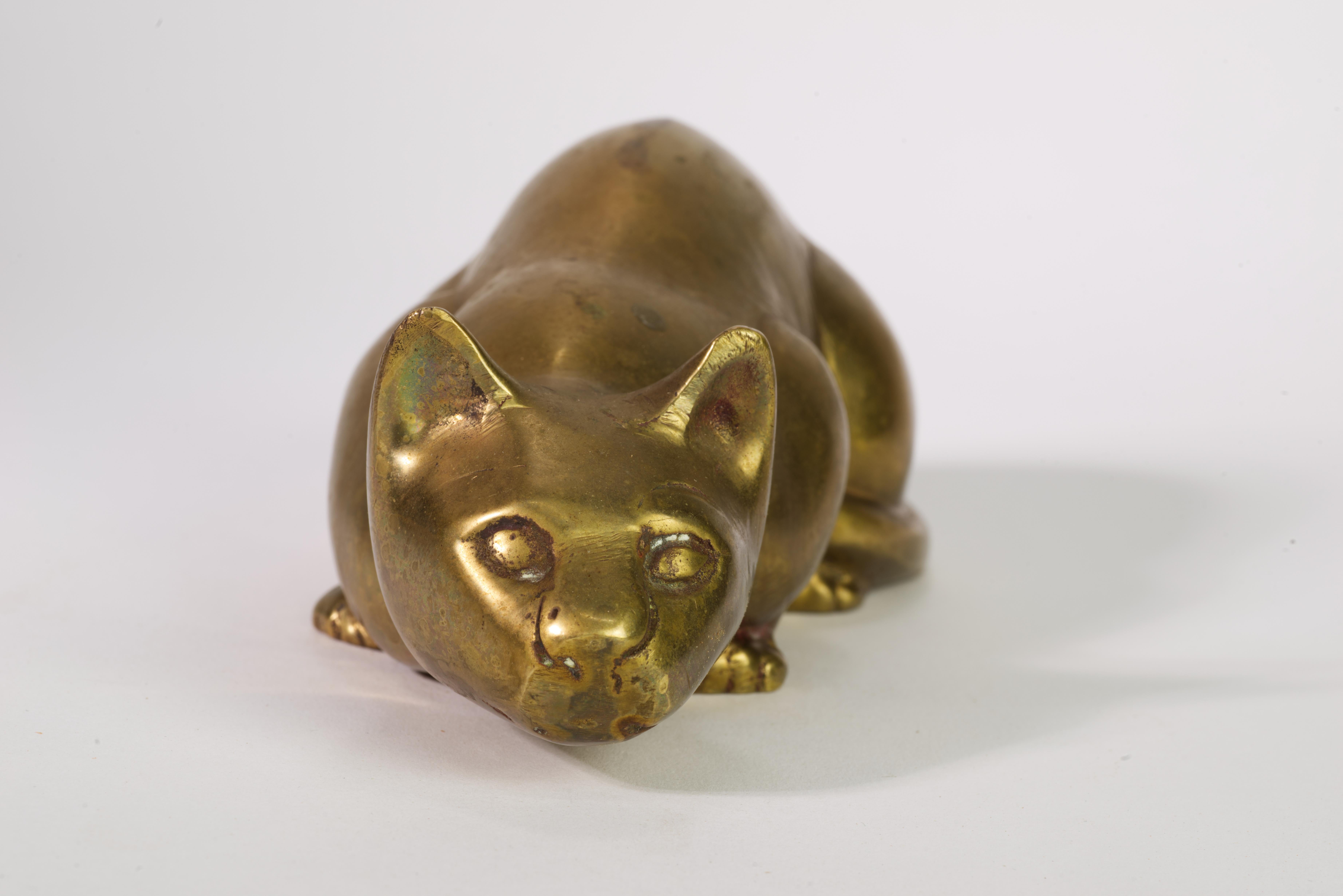 Vintage Crouching Hunting Brass Cat Figurine For Sale at 1stDibs