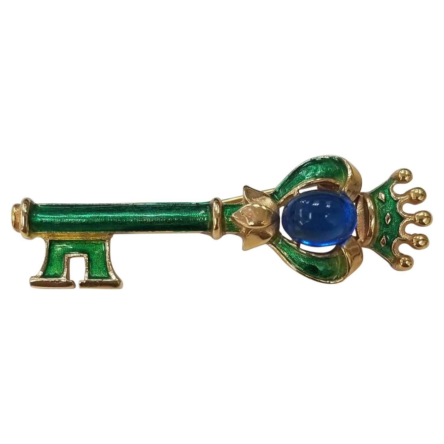 Vintage Crown Trifari Gold Tone Key Brooch Pin Green Enamel with Blue ...