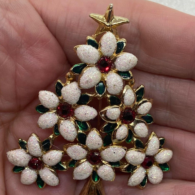 Vintage Crystal CZ Enamel Poinsettia Christmas Tree Brooch Pin For Sale ...