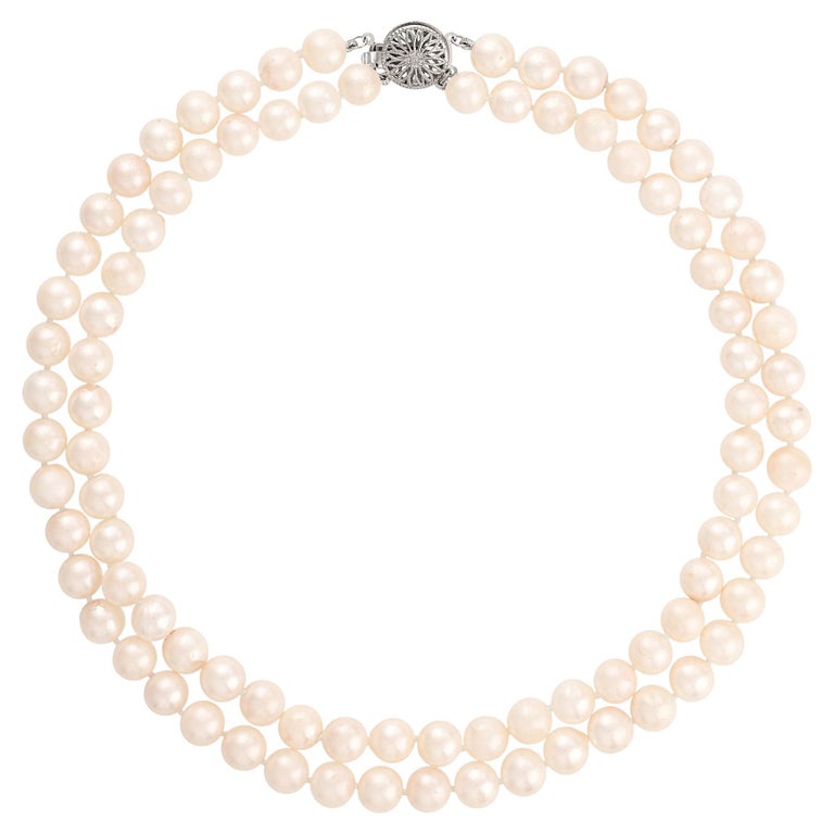 Vintage Cultured Japanese PEARL 8.4mm Double Strand NECKLACE 14K WG For ...