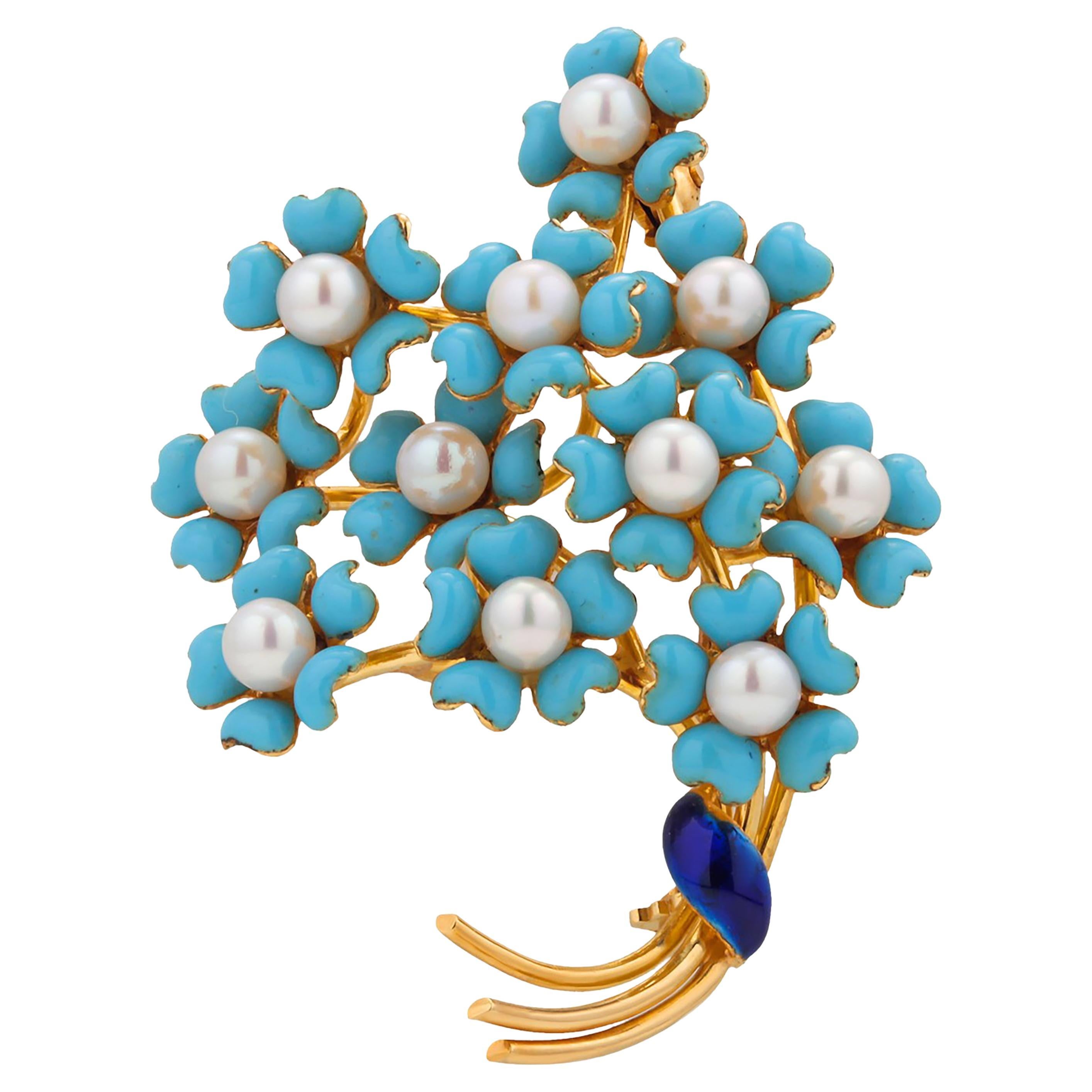 Vintage Cultured Pearl Blue Enamel 18 Karat Gold 1.80 Inch Rare Floral ...