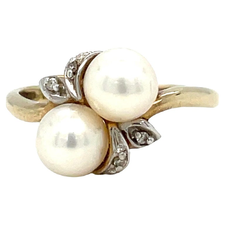 Vintage Cultured Pearl Diamond Bypass Ring 10k Yellow Gold For Sale at ...