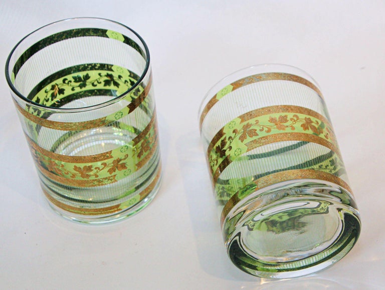 Vintage Culver Barware Cocktail Set Green and Gold Rock Glasses and Ice ...