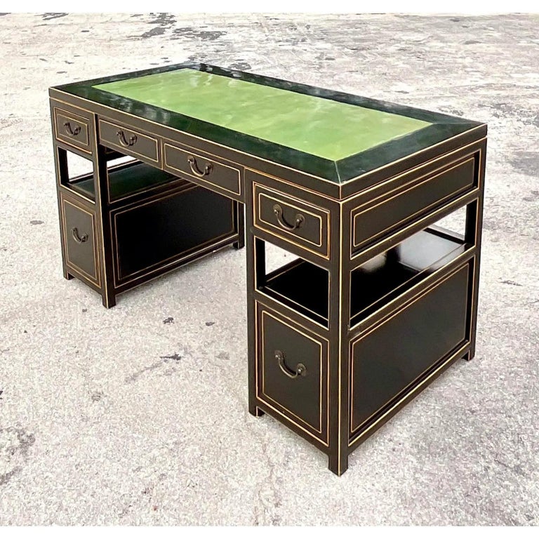 Vintage Custom Built Black Lacquered Desk With Inset Leather Top at 1stDibs