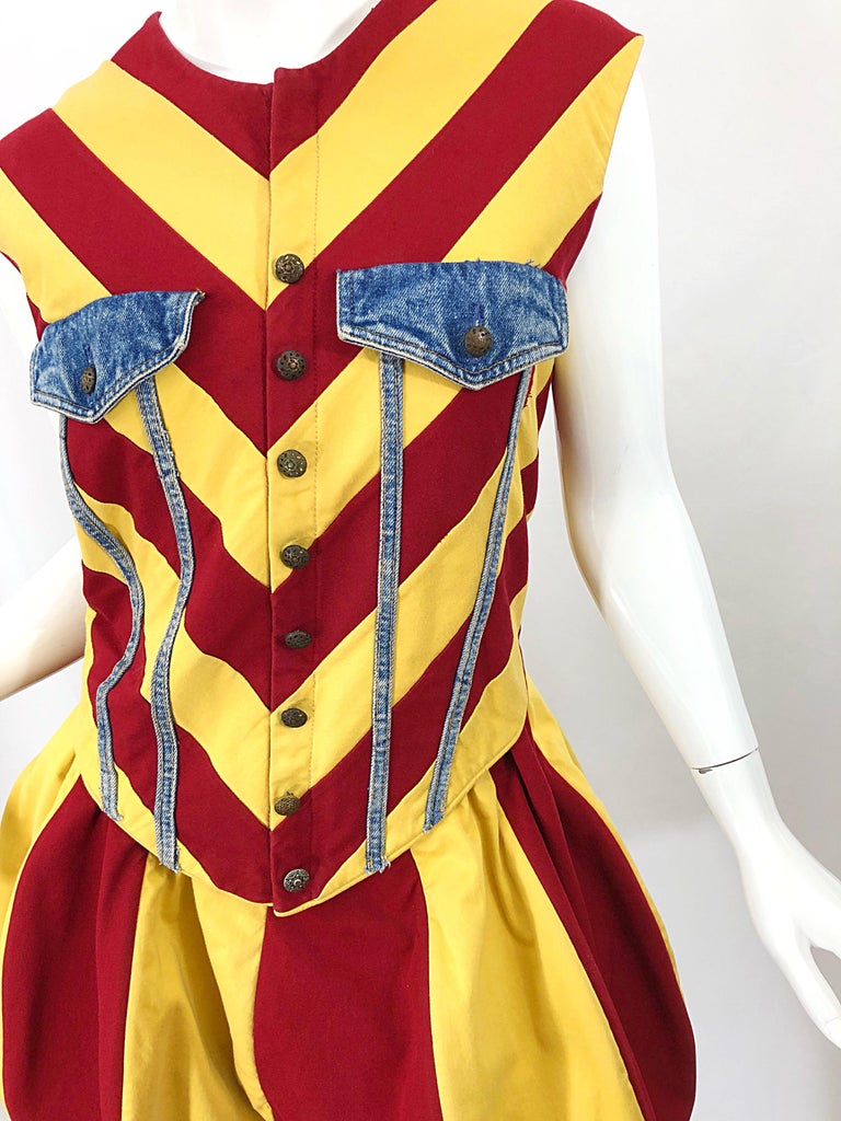 Vintage Custom Made Romper Harlequin Style Burgundy + Yellow + Denim ...