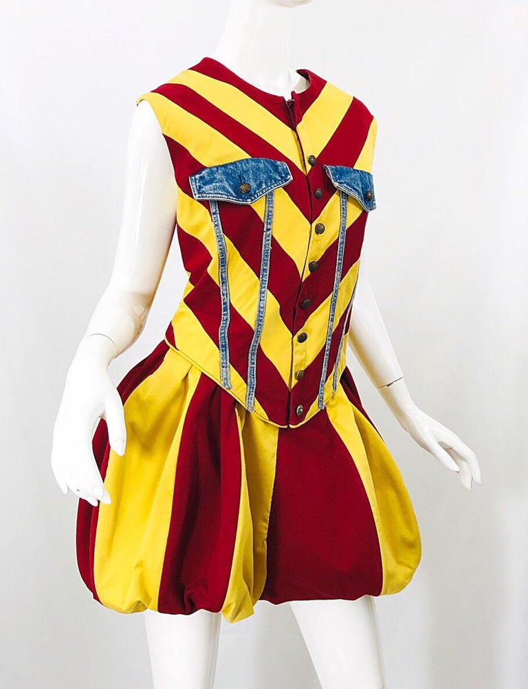 Vintage Custom Made Romper Harlequin Style Burgundy + Yellow + Denim ...