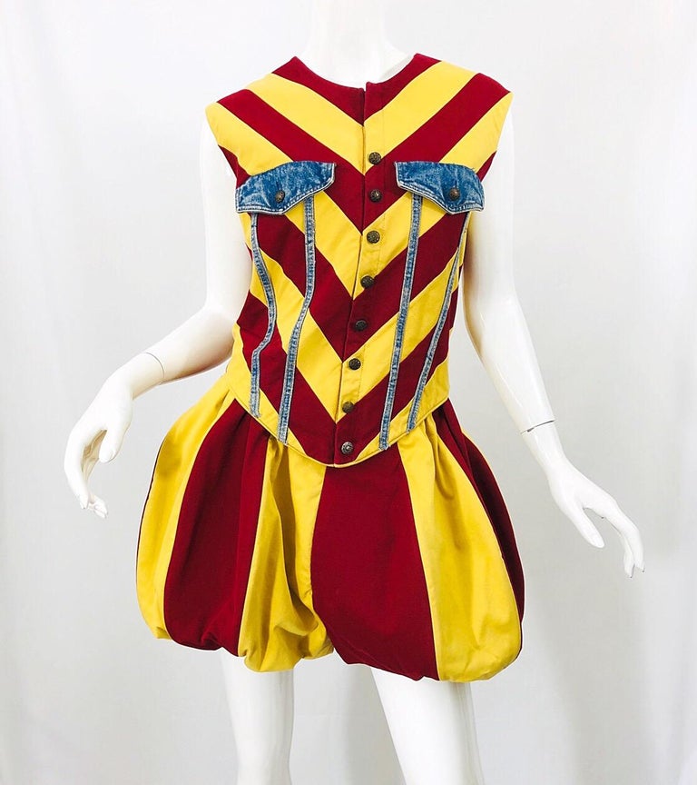 Vintage Custom Made Romper Harlequin Style Burgundy + Yellow + Denim ...