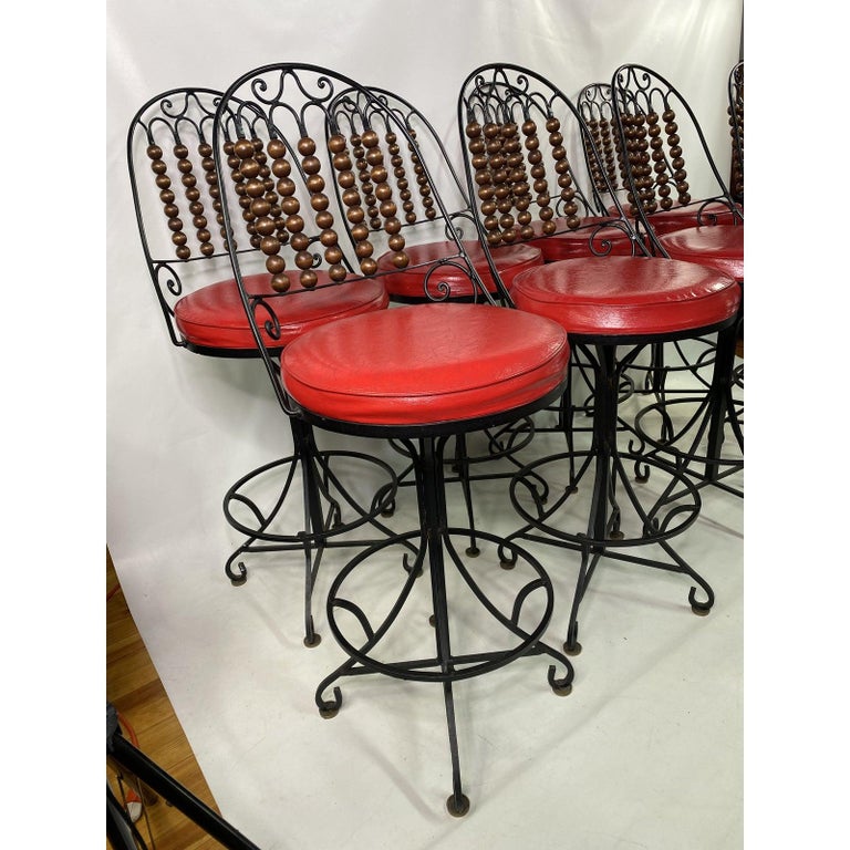 Vintage Custom Made Spanish Revival Wrought Iron Bar Stools, Set of 8 ...