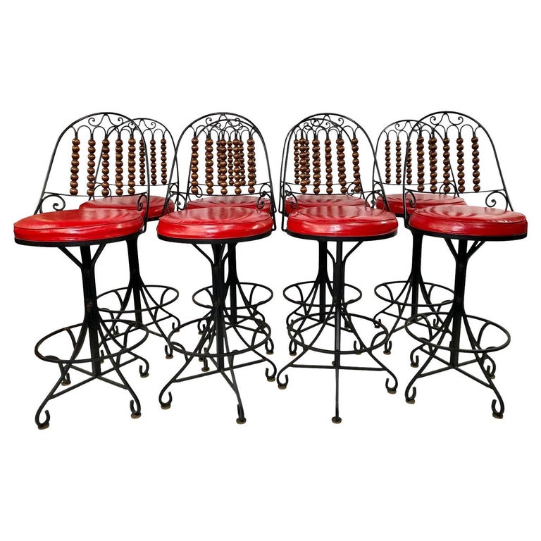 Vintage Custom Made Spanish Revival Wrought Iron Bar Stools, Set of 8 ...