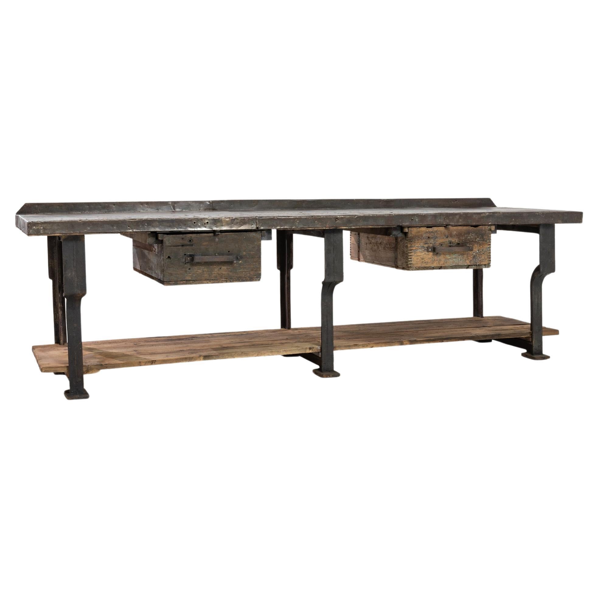 Industrial Metal Work Table w/ Sliding Shelf On Casters at 1stDibs